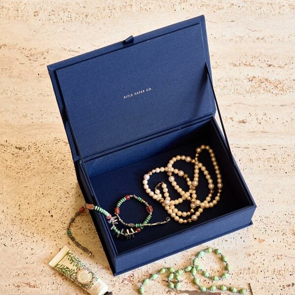 Navy Embroidered Keepsake Box, Large | White Flower Farm